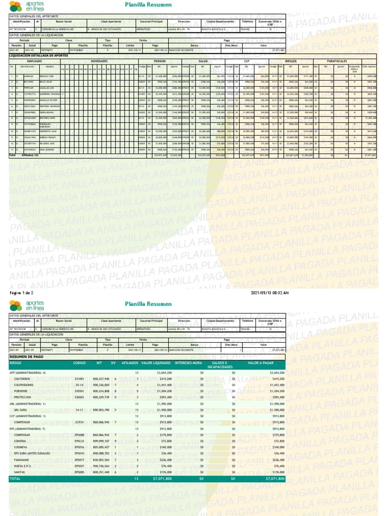 Planilla Consorcio La Veredita Ind | PDF
