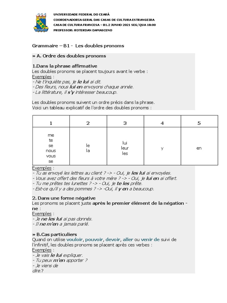 GRAMMAIRE B1 LES DOUBLES PRONOMS Seg QUA 16 JUNHO | PDF | Pronom | Phrase