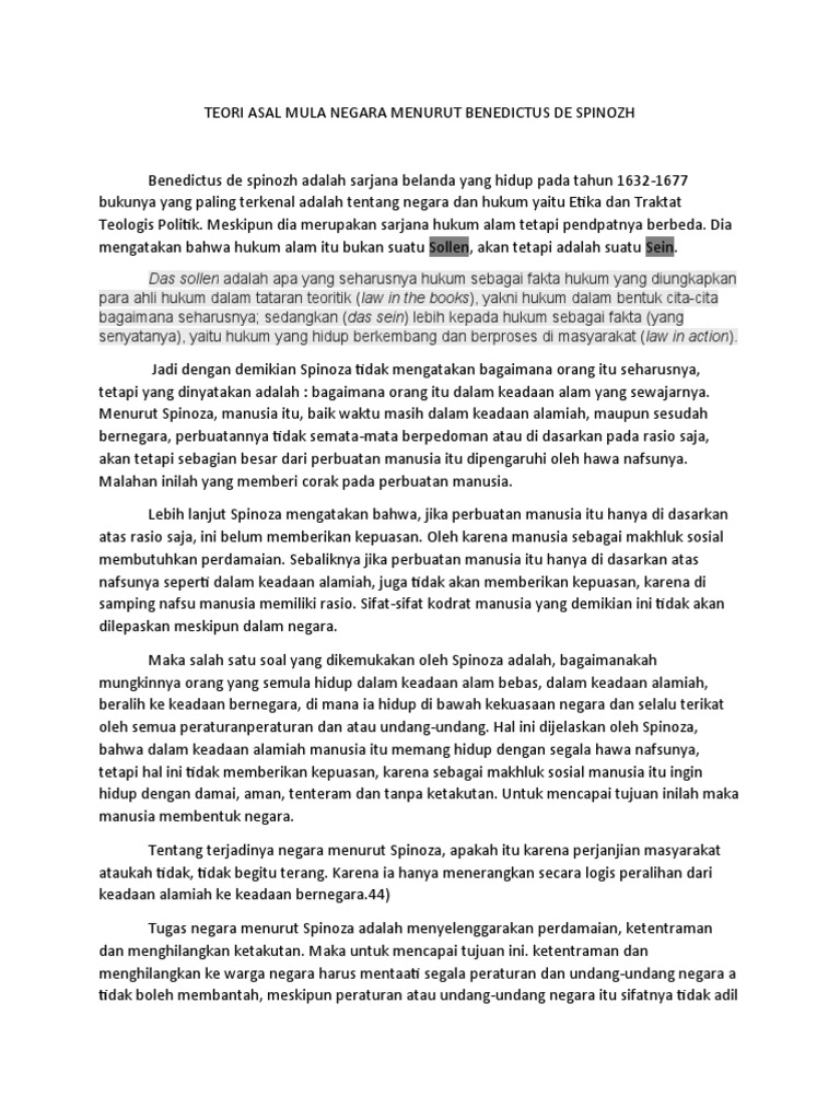 Teori Asal Mula Negara Menurut Benedictus de Spinozh | PDF
