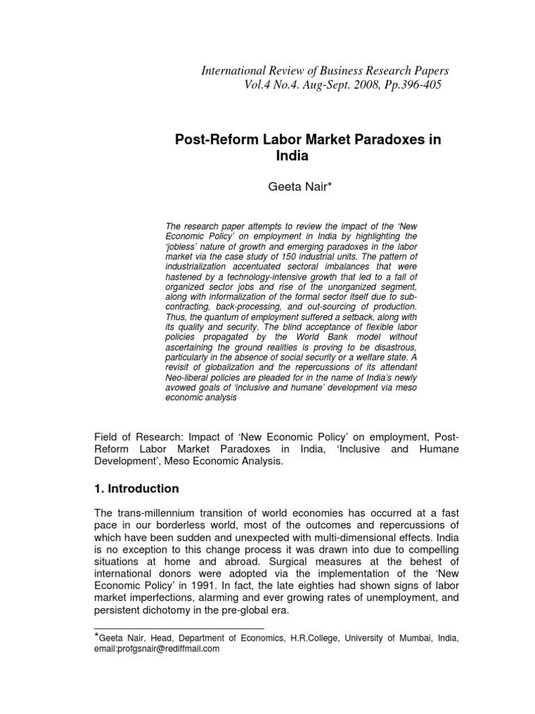Post-Reform Labor Market Paradoxes in India | PDF | Employment ...