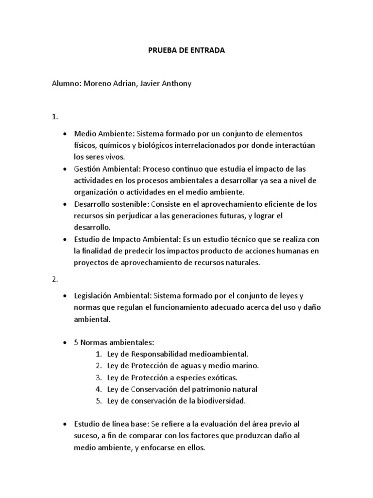 PRUEBA de ENTRADA - Moreno Adrian, Javier Anthony | PDF | Evaluación de impacto ambiental ...