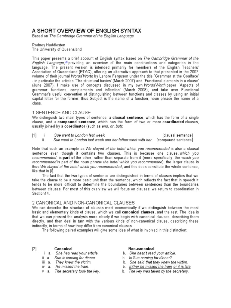 A Short Overview of English Syntax | PDF | Verb | Clause