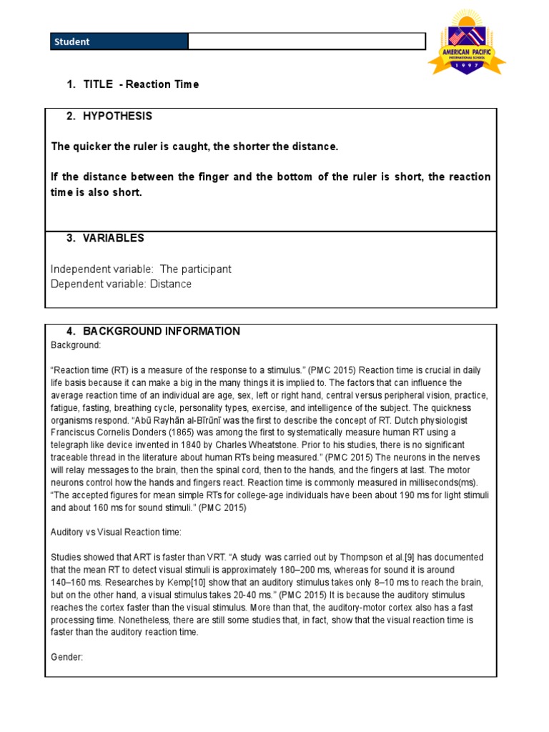 Reaction Time Lab for Students | PDF | Mental Chronometry | Acceleration