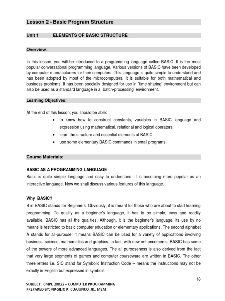 Lesson 2 - Basic Program Structure | Download Free PDF | Basic | Numbers
