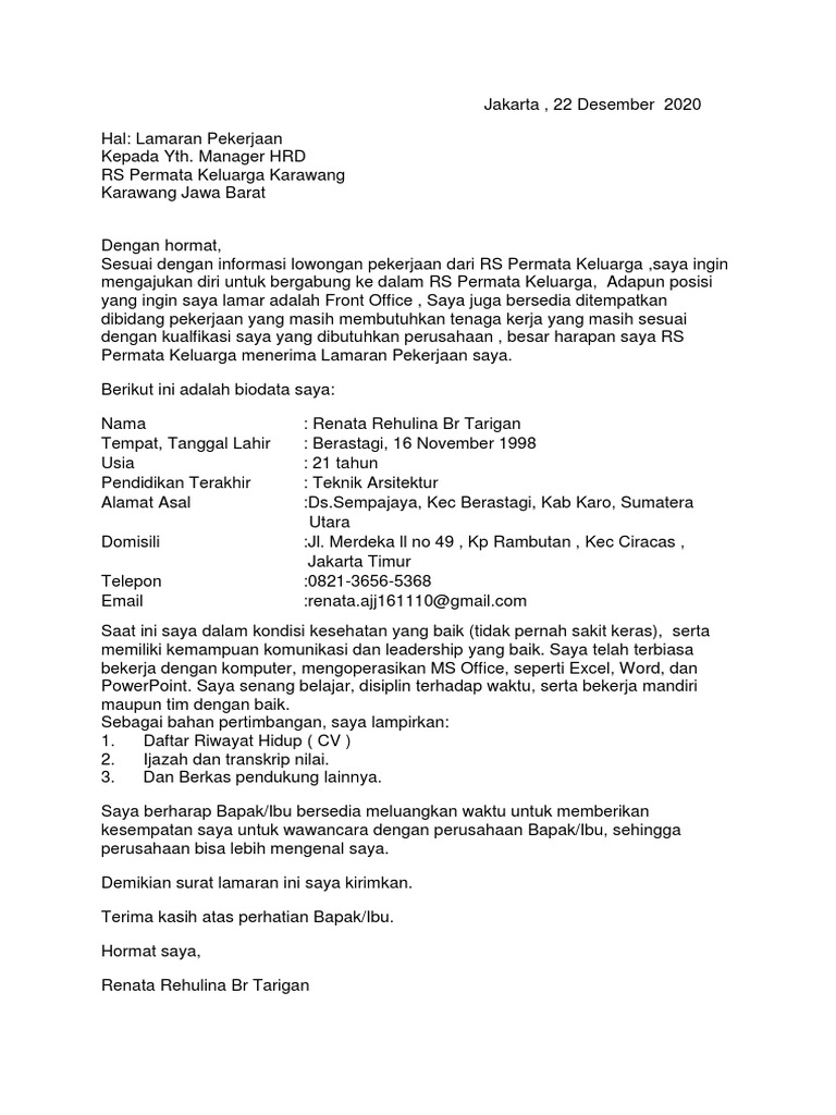 Surat Lamaran RS Permata Keluarga | PDF