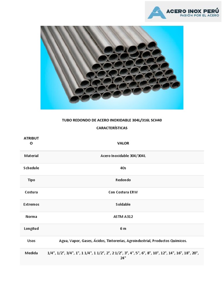 Tubo Redondo de Acero Inoxidable 304l Ficha Tecnica | PDF