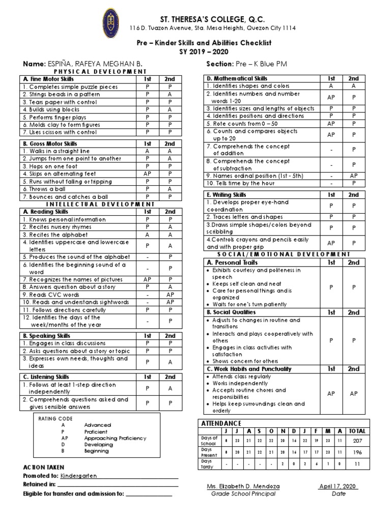 St. Theresa'S College, Q.C.: Pre - Kinder Skills and Abilities ...