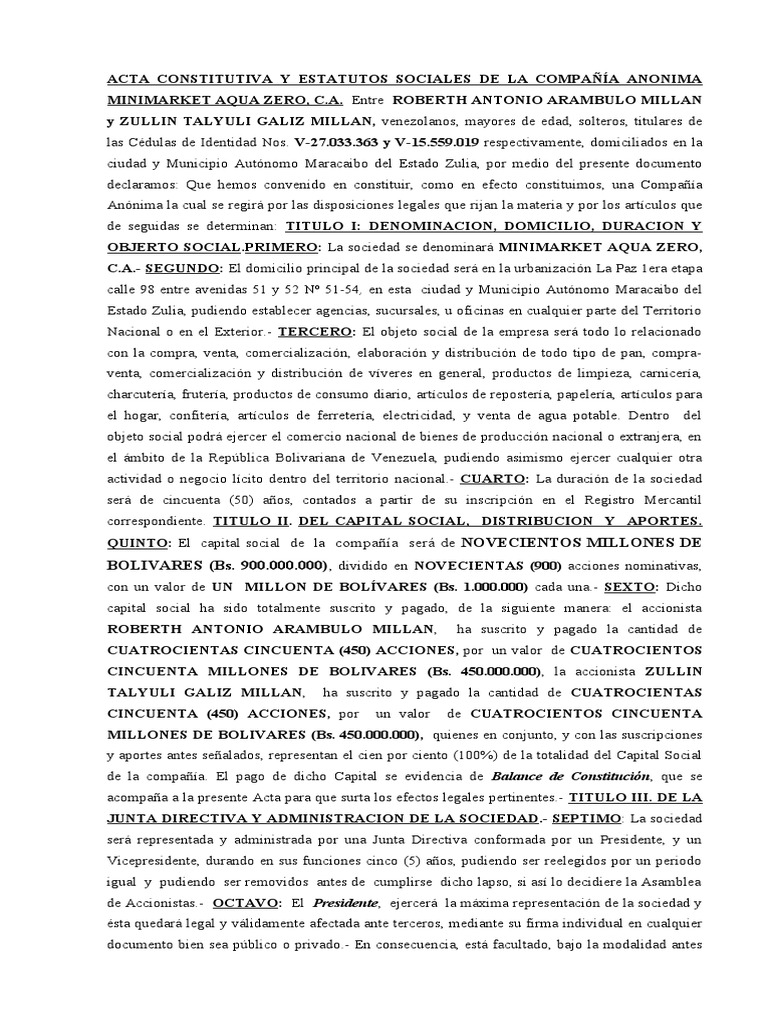 Acta Const Aqua Zero Definitivo | PDF | Compartir (Finanzas) | Empresas