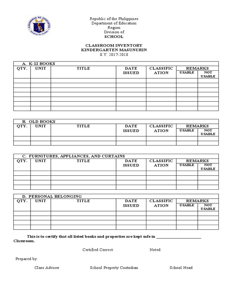 Classroom Inventory Template for DepEd | PDF