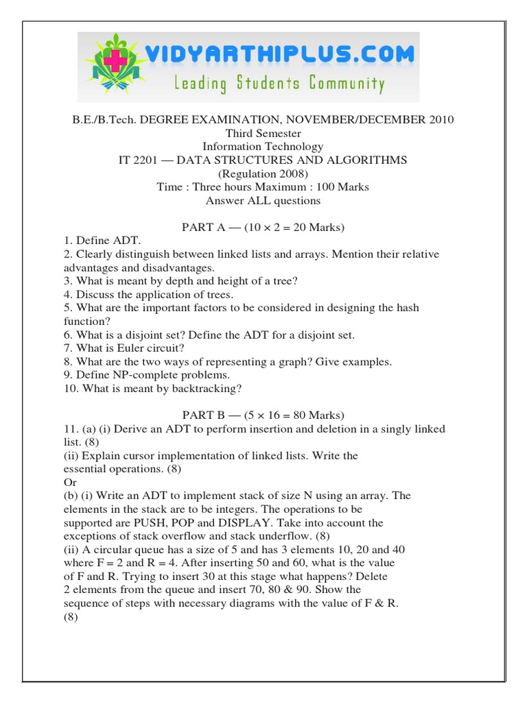 It 2201 - Data Structures and Algorithms 2010 | PDF | Graph Theory ...