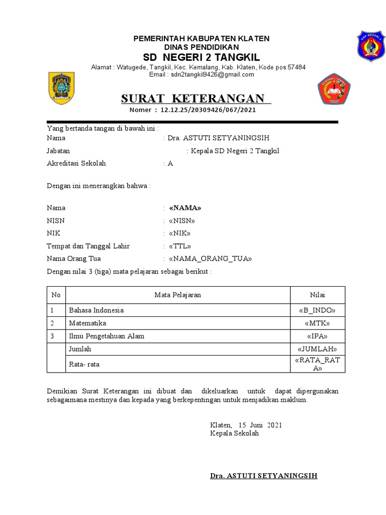 Contoh Suket Prestasi SD 2021 | PDF