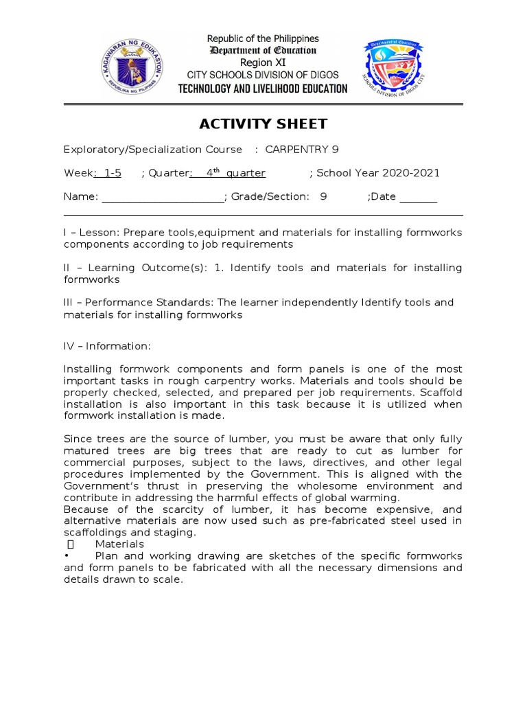 TLE Activity Sheet Carpentry 4th Quarter | PDF | Wood | Lumber