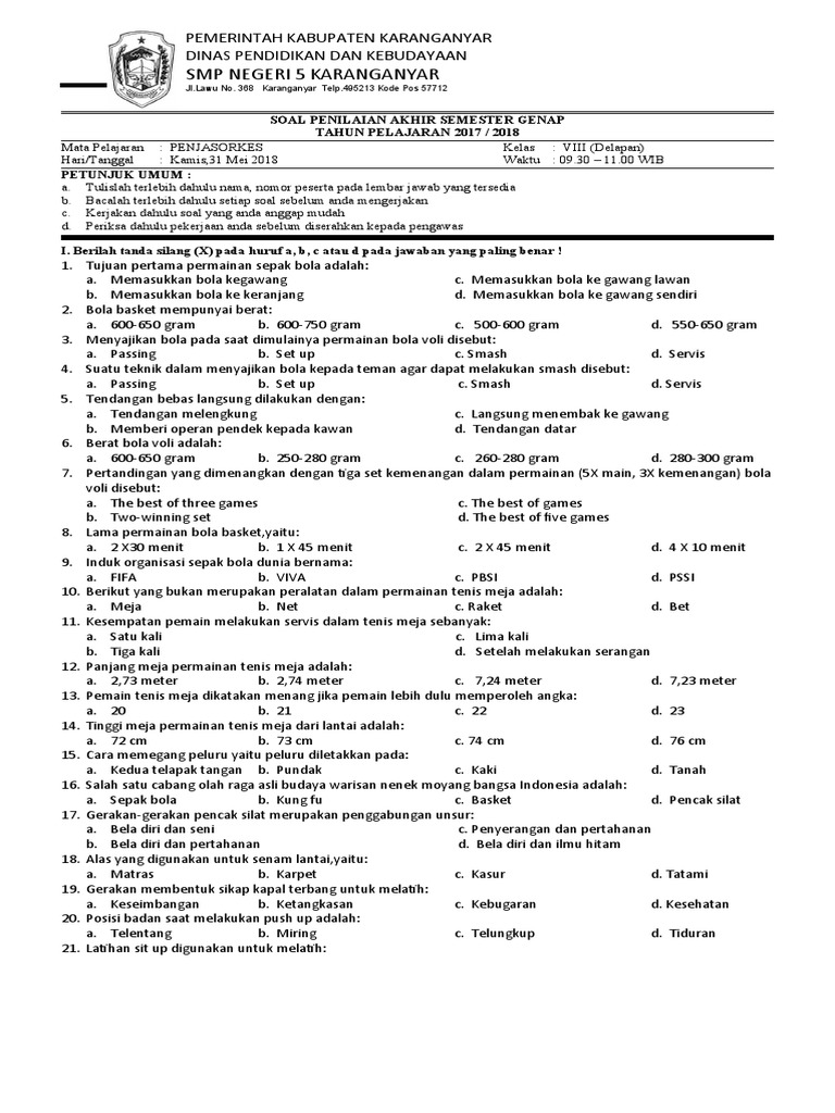 SOAL PAS PJOK KL 8 SMSTR 2 | PDF