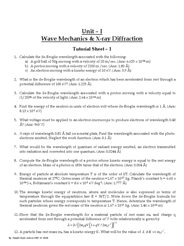 Unit I Wave Mechanics & X-Ray Diffraction Tutorial | PDF | Electronvolt | Electron