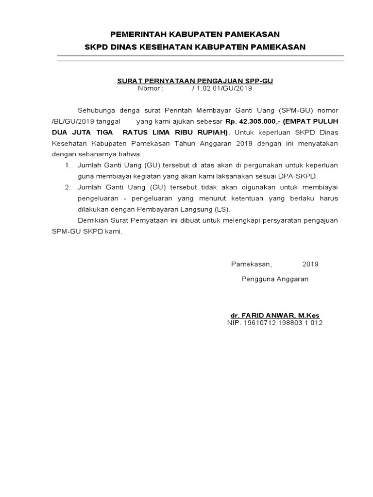 Surat Pernyataan Pengajuan Spp-Gu | PDF | Bisnis | Pengelolaan Keuangan & Uang
