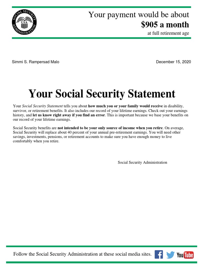 Your Social Security Statement | PDF | Social Security (United States ...