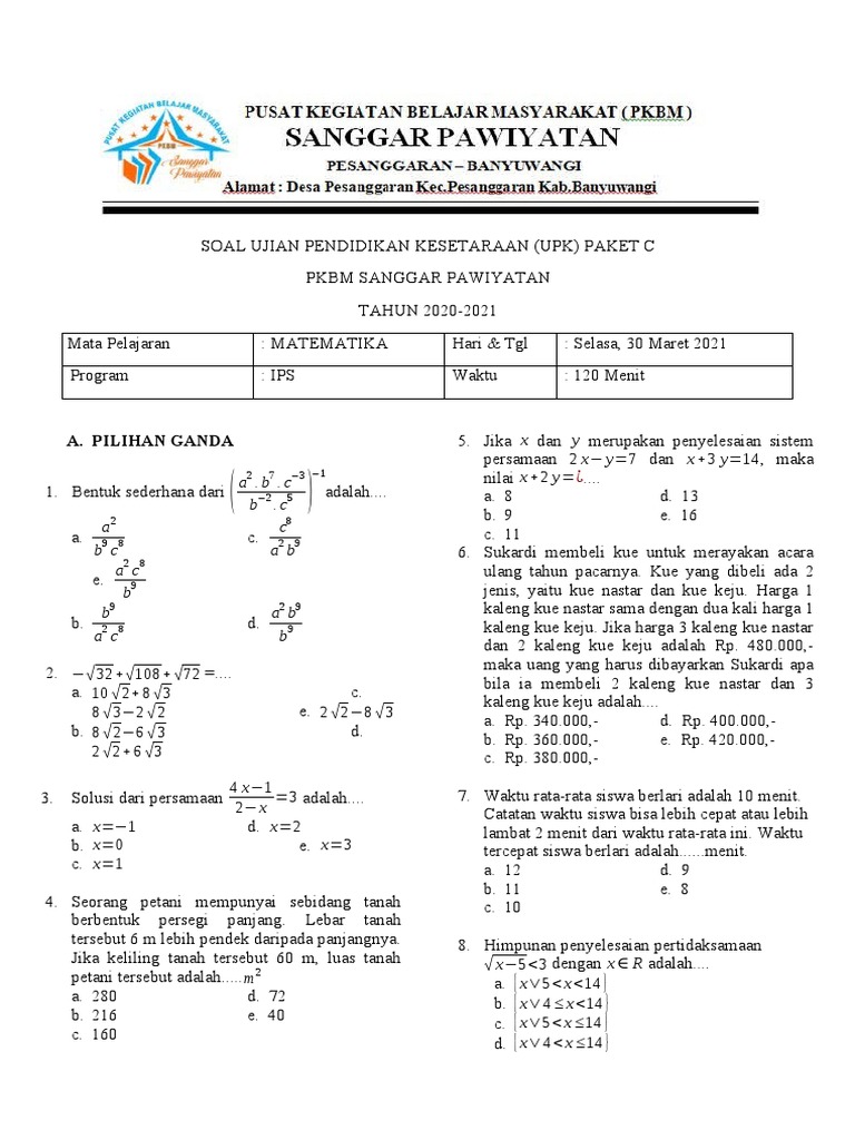 Soal Usp MTK Paket C 2021 | PDF