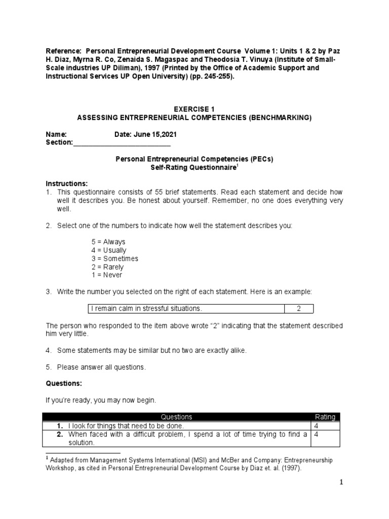 PEC Self Rating Questionnaire and Score Computation 2 | PDF | Human ...