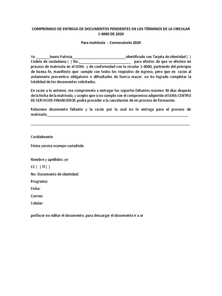 Compromiso de Entrega de Documentos Pendientes en Los Términos de La ...