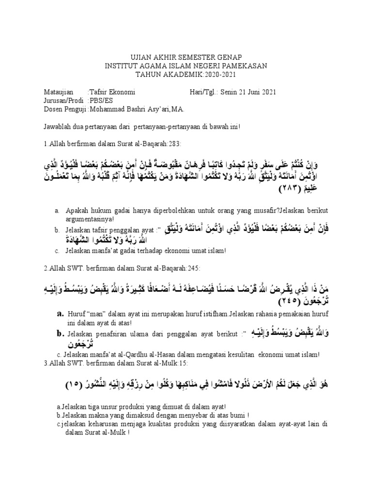 SOAL UJIAN AKHIR SEMESTER GENAP Juni 2021 | PDF