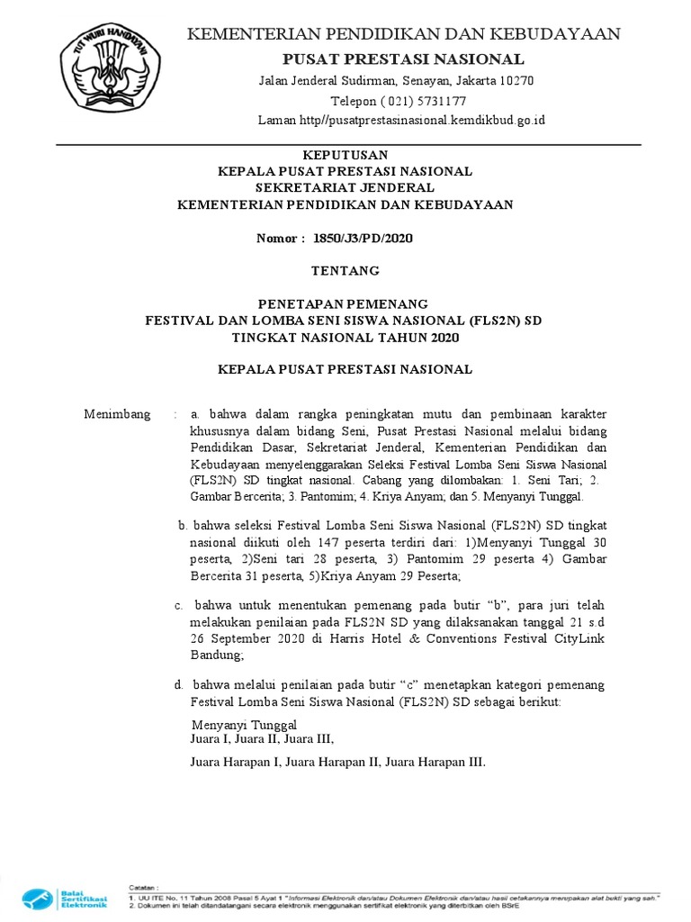 SK Pemenang FLS2N SD Tingkat Nasional Tahun 2020 | PDF