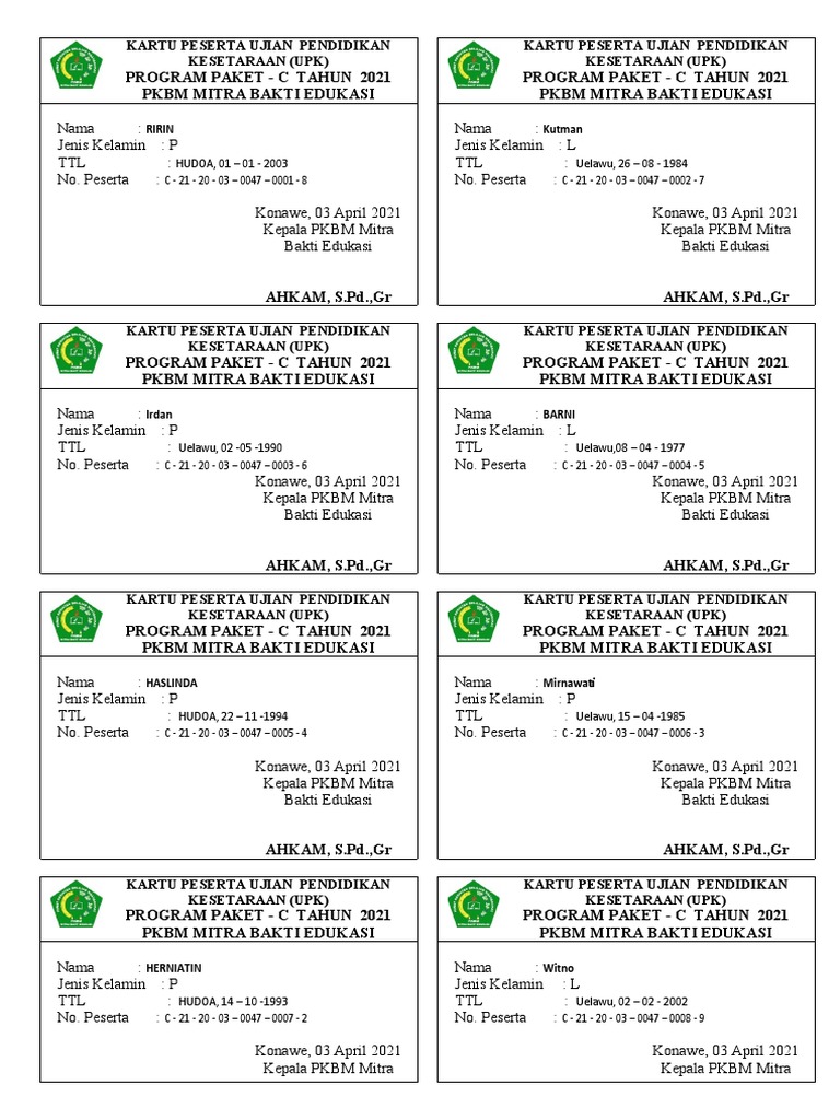 Kartu-Peserta-UPK PKBM MITRA BAKTI EDUKASI (NEW) | PDF