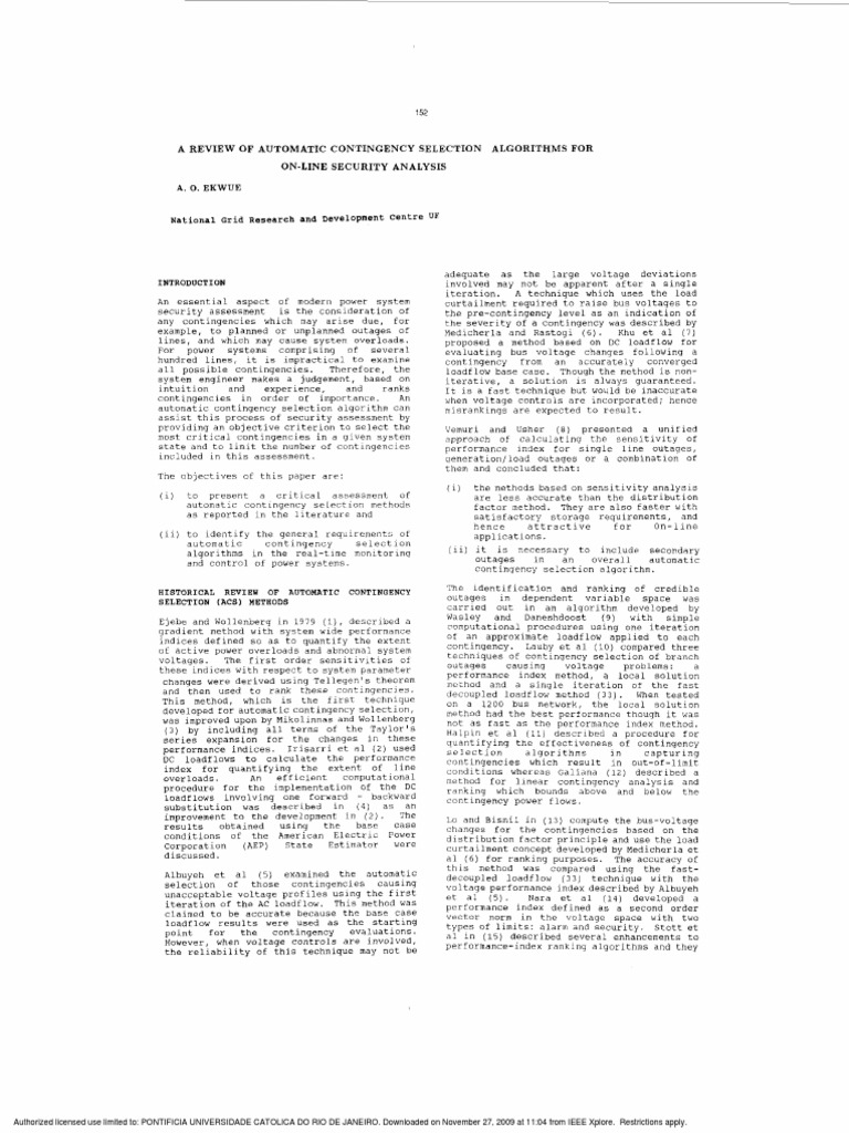 A Review of Automatic Contingency Selection Algorithms For On-Line Security Analysis | PDF ...