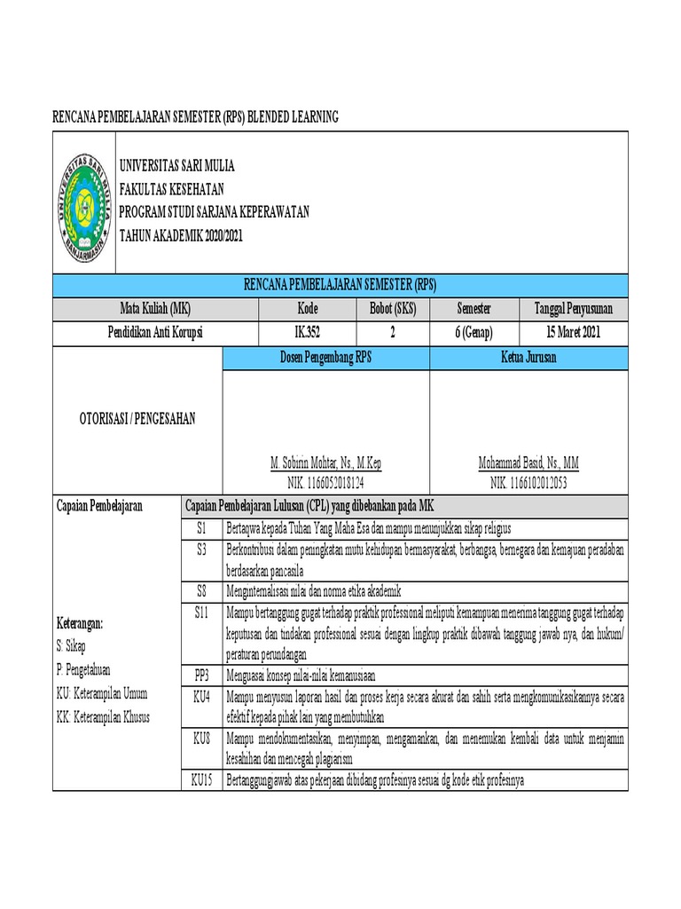 RPS Pend. Anti Korupsi Reg SemVI - Blended Learning Sobirin FIX | PDF