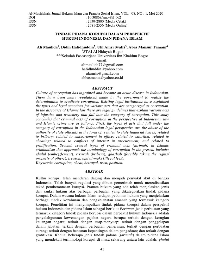 Tindak Pidana Korupsi Dalam Perspektif Hukum Indonesia Dan Pidana Islam | PDF | Corruption ...