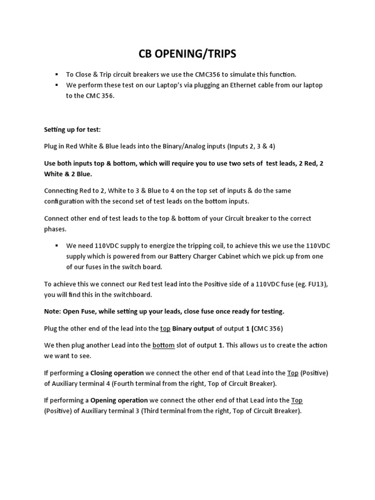 CB Opening/Trips: Setting Up For Test | PDF | Fuse (Electrical ...