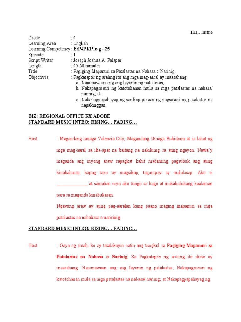 Script For ESP Module 3 Q1 | PDF