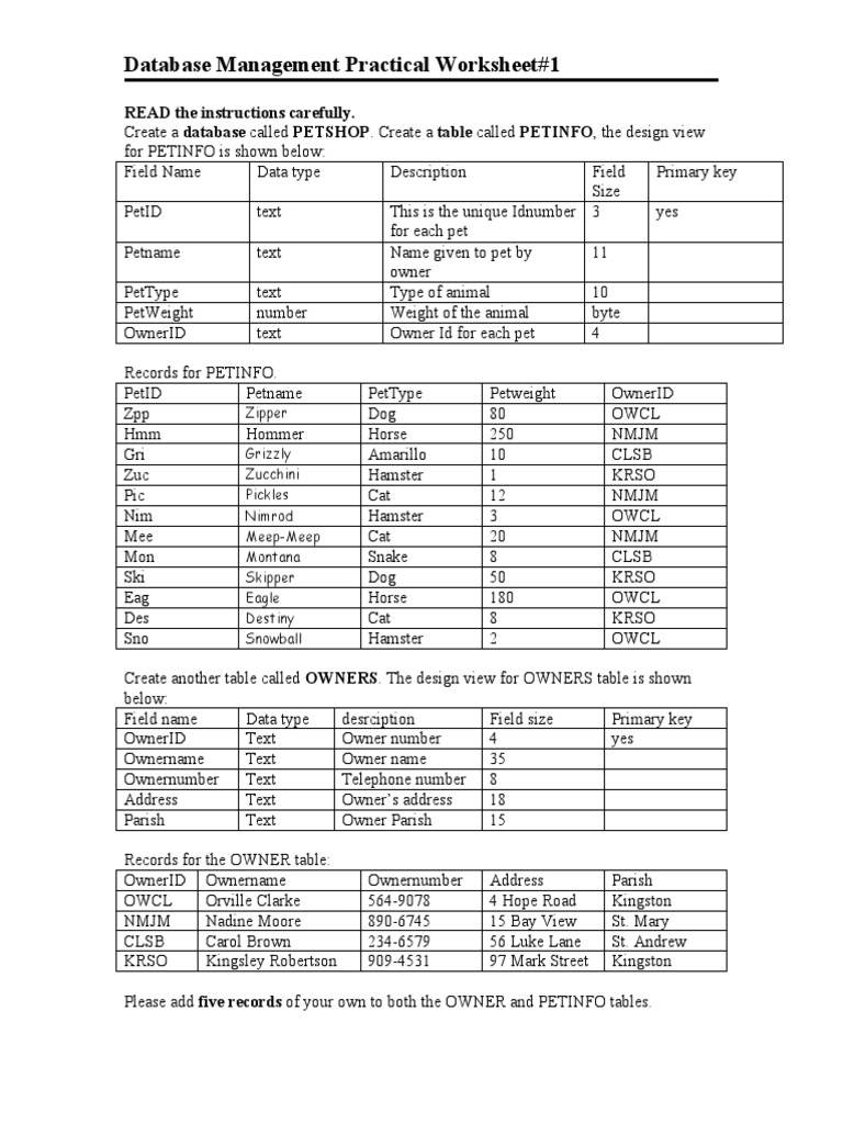 MoE Database Practical Worksheet1 | PDF | Pet | Data