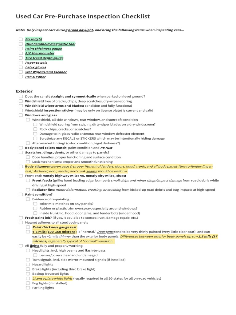 Used Car Inspection Checklist Guide | PDF | Trunk (Car) | Tire