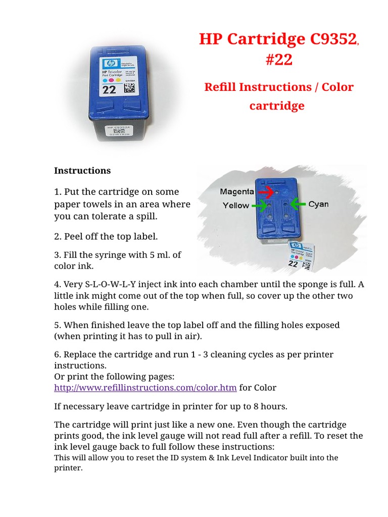 Refill Instructions HP 22 Color Ink Cartridge | PDF | Printer (Computing) | Printing
