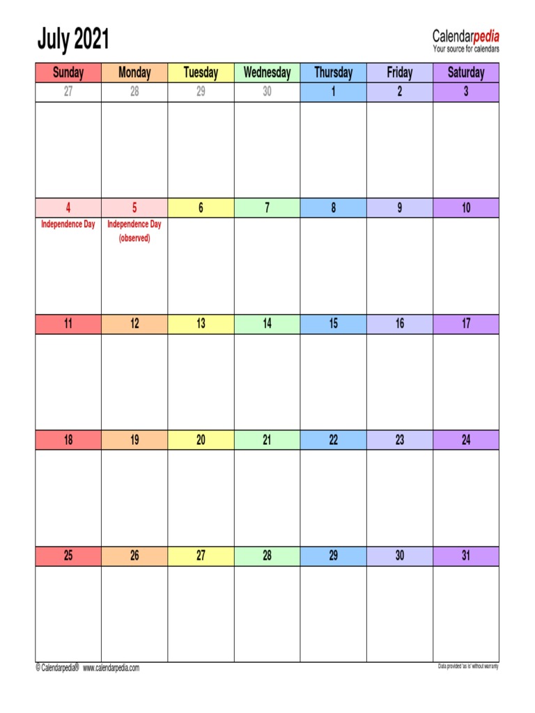 July 2021 Calendar Landscape | PDF