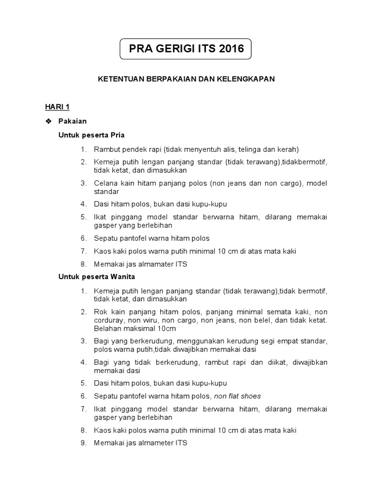 Ketentuan Berpakaian Peserta Gerigi Its 2016 | PDF