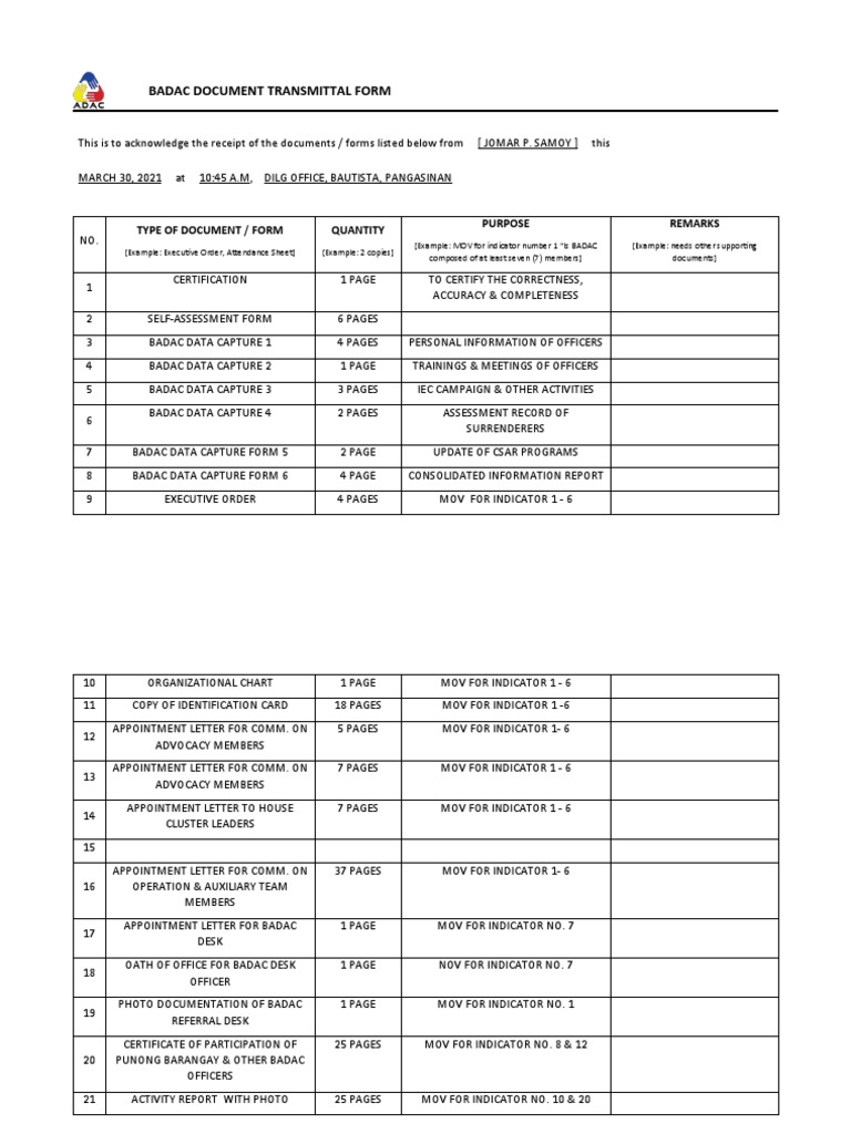 Badac Transmittal Form | PDF | Document | Written Communication