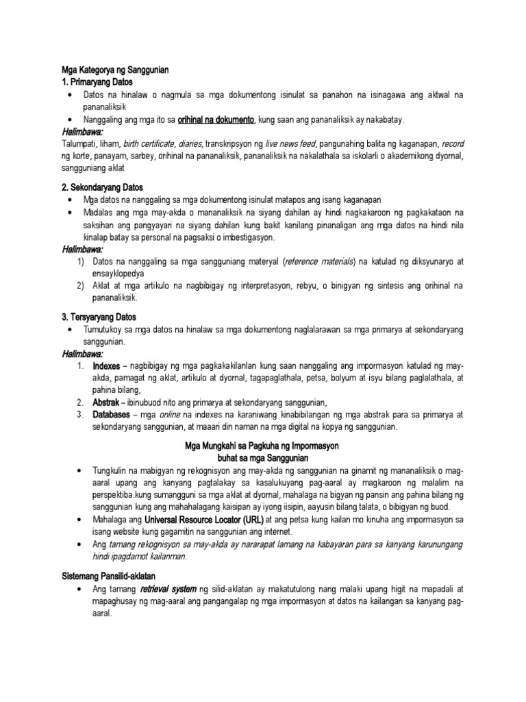 Mga Kategorya Ng Sanggunian Pdf