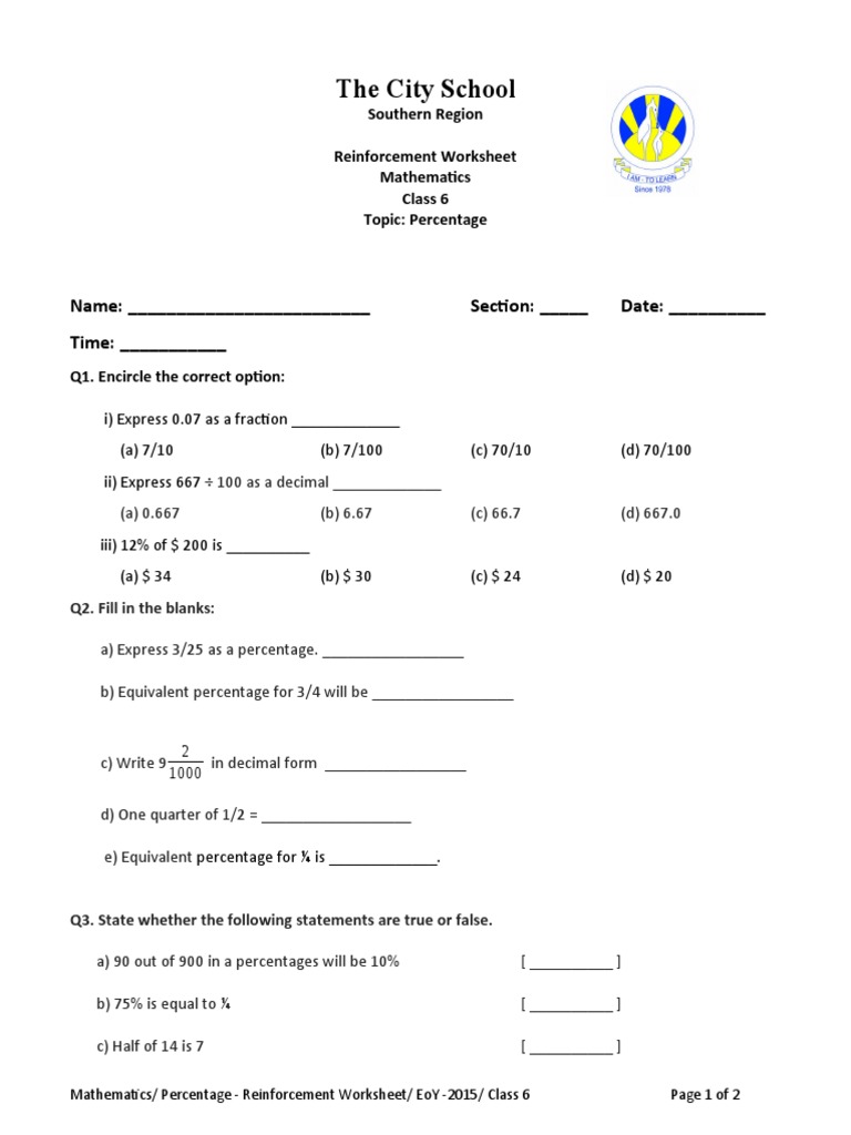 Class 6 1 Reinforcement Worksheet Percentage | PDF | Percentage ...