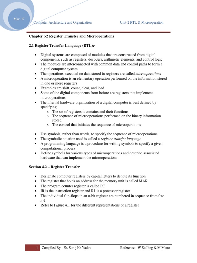 Chapter:-2 Register Transfer and Microoperations 2.1 Register Transfer Language (RTL) | PDF ...