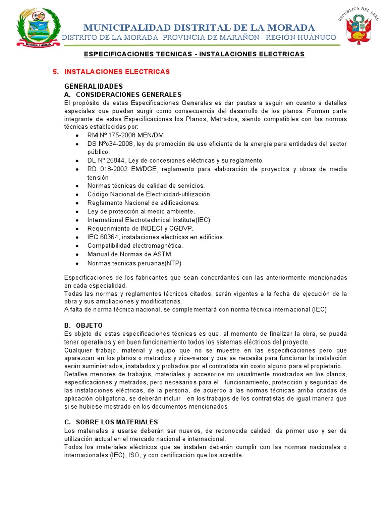 05 Especificaciones Tecnicas Instalaciones Electricas | PDF | Enchufes y tomas de corriente ...