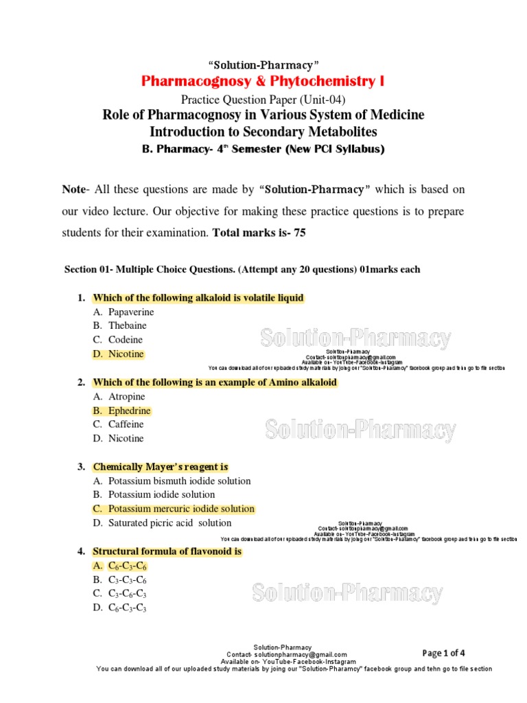 Pharmacognosy Unit 4 Practice Questions | PDF | Pharmacognosy | Ayurveda