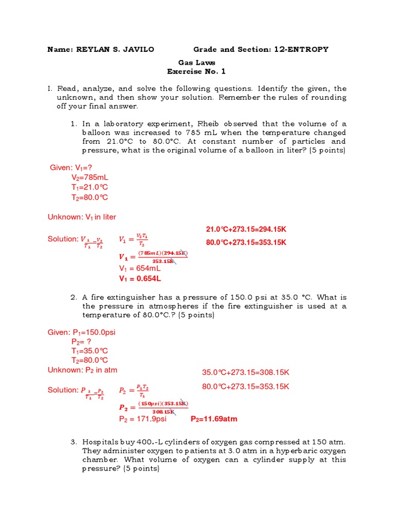 Gas Laws Exercises and Solutions | PDF | Gases | Oxygen