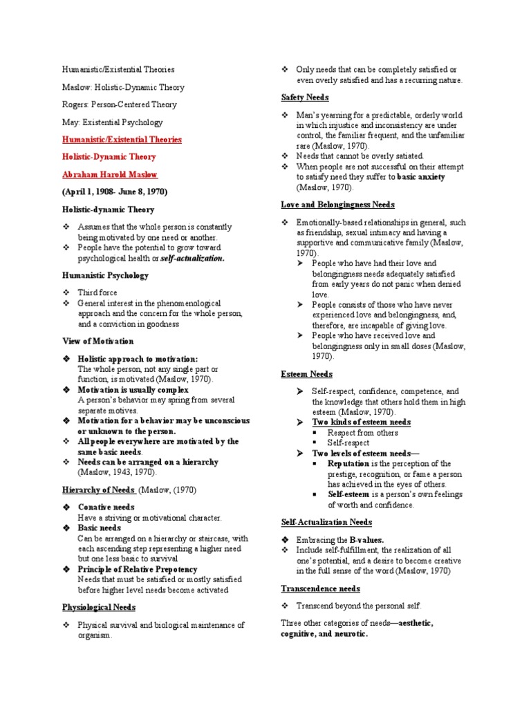 Humanistic/Existential Theories Holistic-Dynamic Theory Abraham Harold ...
