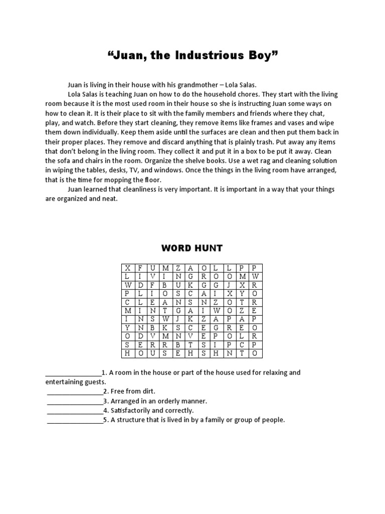 "Juan, The Industrious Boy": Word Hunt | PDF