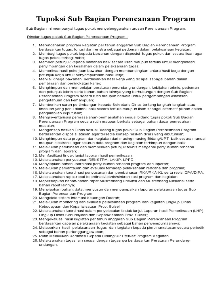 URAIAN TUGAS SUB BAGIAN PERENCANAAN PROGRAM | PDF