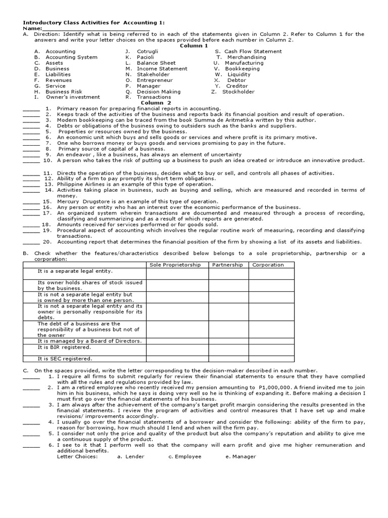 Activites & Seatwork in Acctg 1 | PDF | Equity (Finance) | Balance Sheet