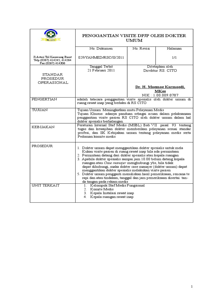 SOP Penggantian Visite Spes Oleh Dokter Umum | PDF