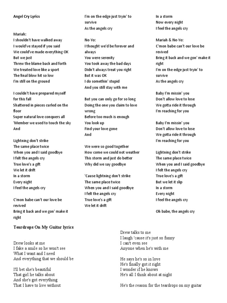 Angel Cry Lyrics: Teardrops On My Guitar Lyrics | PDF | Leisure ...