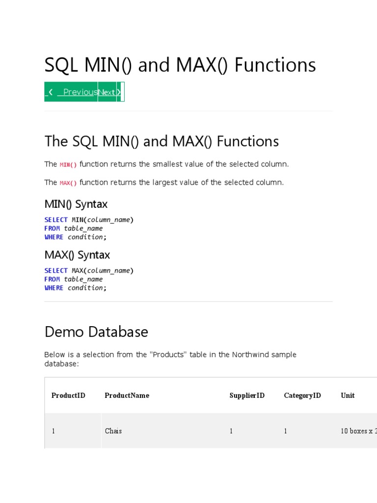 The SQL MIN and MAX Functions | PDF